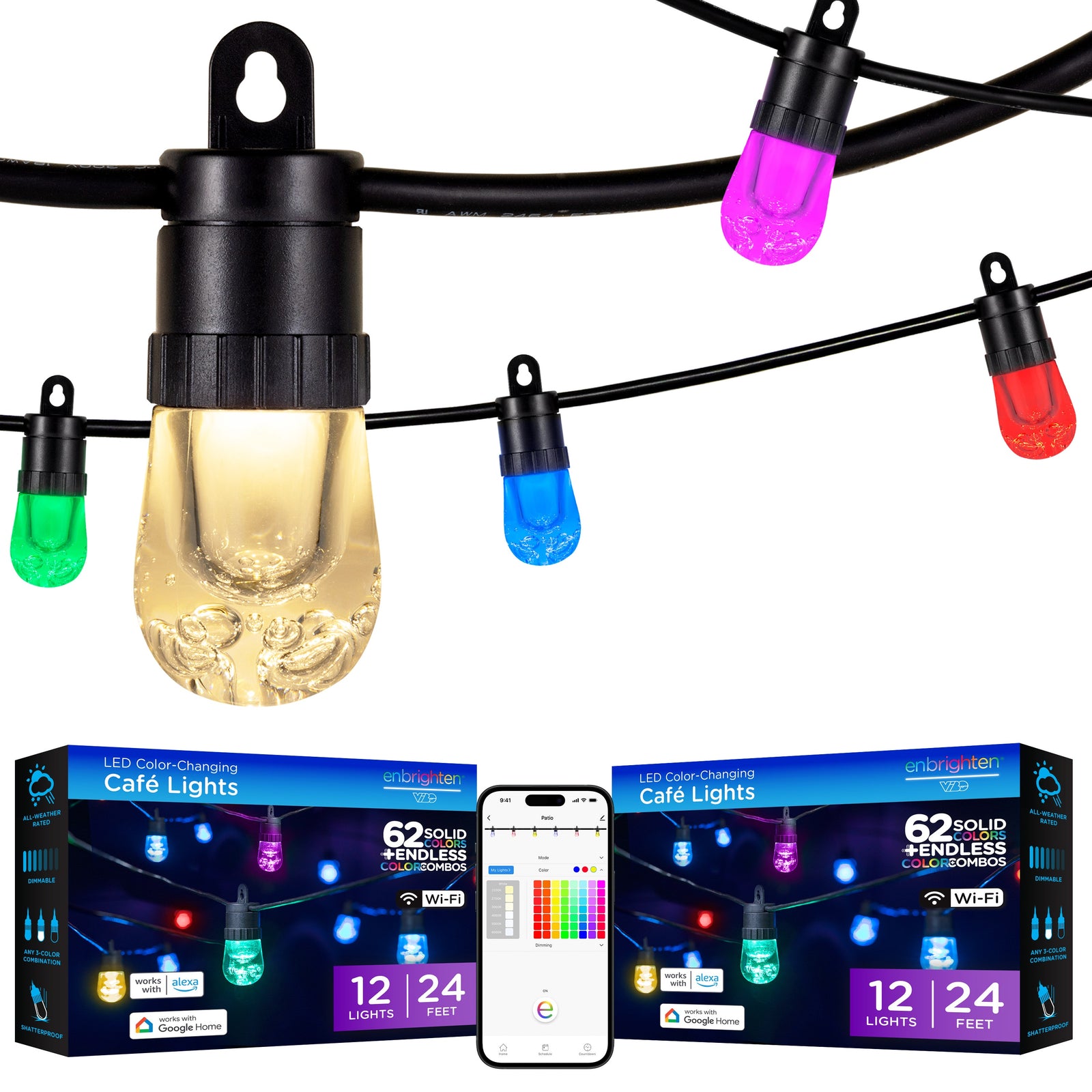 Enbrighten Ecoscapes VIBE WiFi Color-Changing LED Cafe Lights, 12 Bulb